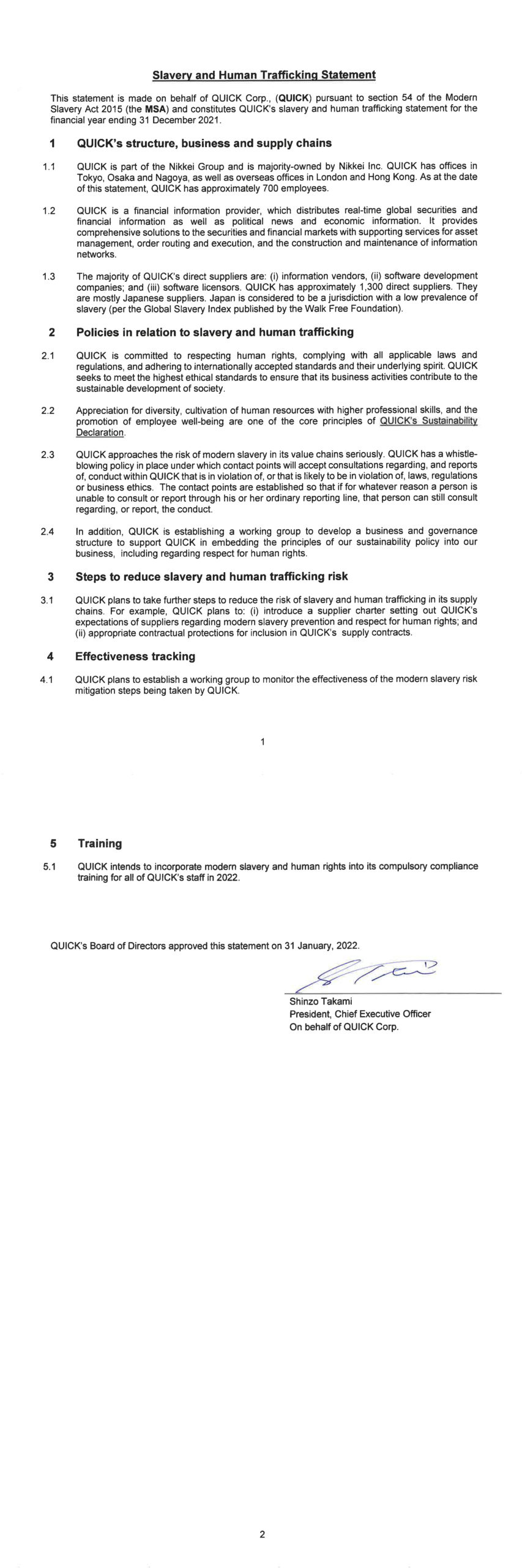 Modern Slavery Statement - 株式会社QUICK：Our Knowledge, Your Value.